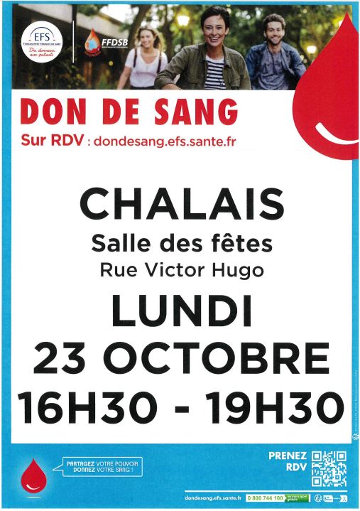 DON DU SANG A CHALAIS le lundi 23 octobre 2023 de 16h30 à 19h30 ...